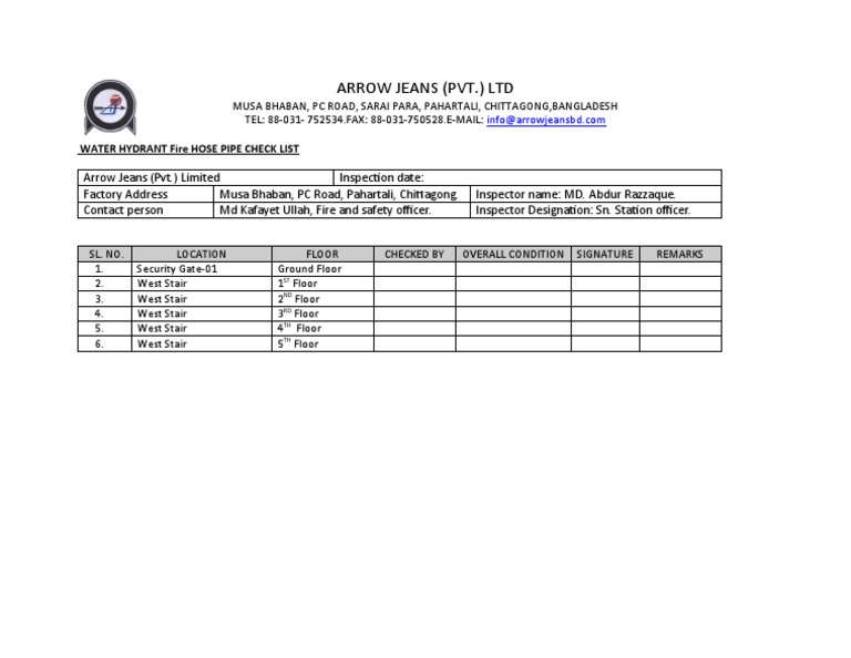 Fire Hose Pipe Inspection Checklist | PDF