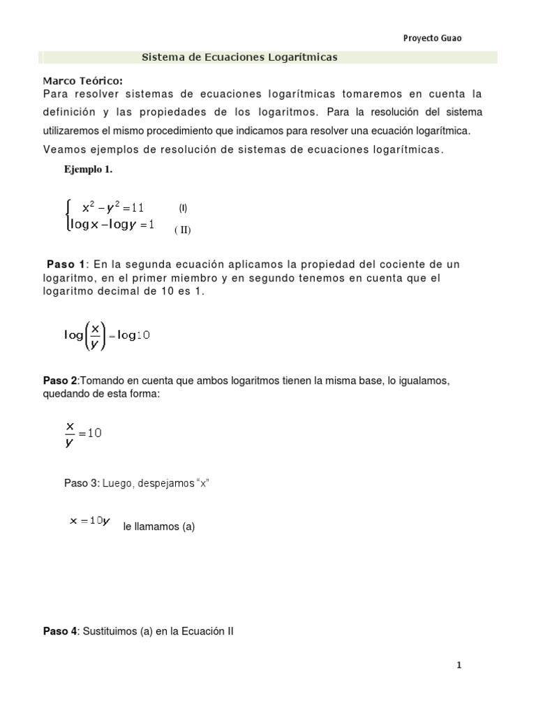 Sistema de Ecuaciones Logaritmicas PDF | PDF | Logaritmo | Ecuaciones