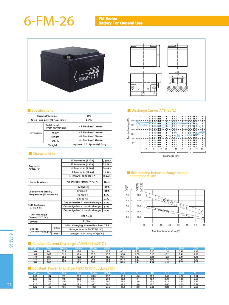 6-FM-26 Battery Specification Sheet: Technical Documentation for a 26Ah ...