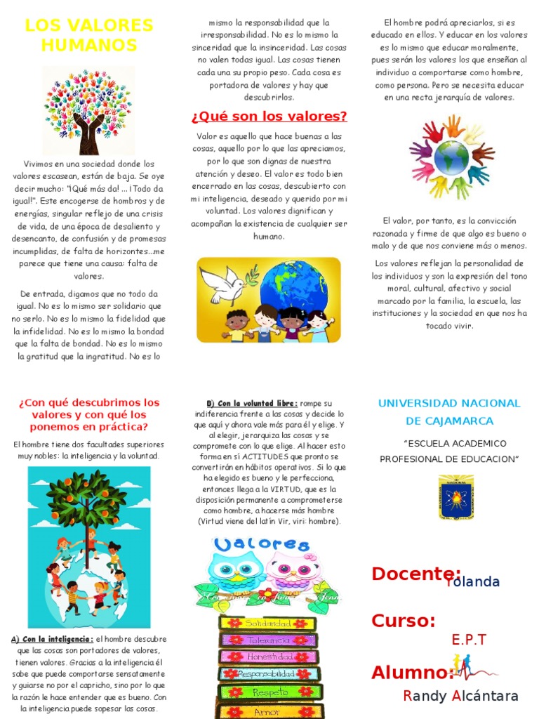 Triptico VALORES HUMANOS | PDF | Moralidad | Conceptos psicologicos