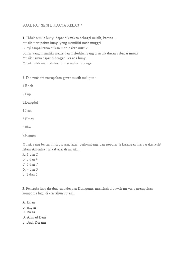 Soal Pat Seni Budaya Kelas 7 | PDF