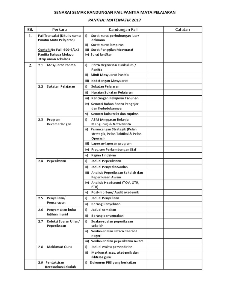 Senarai Semak Fail Panitia 2017 | PDF
