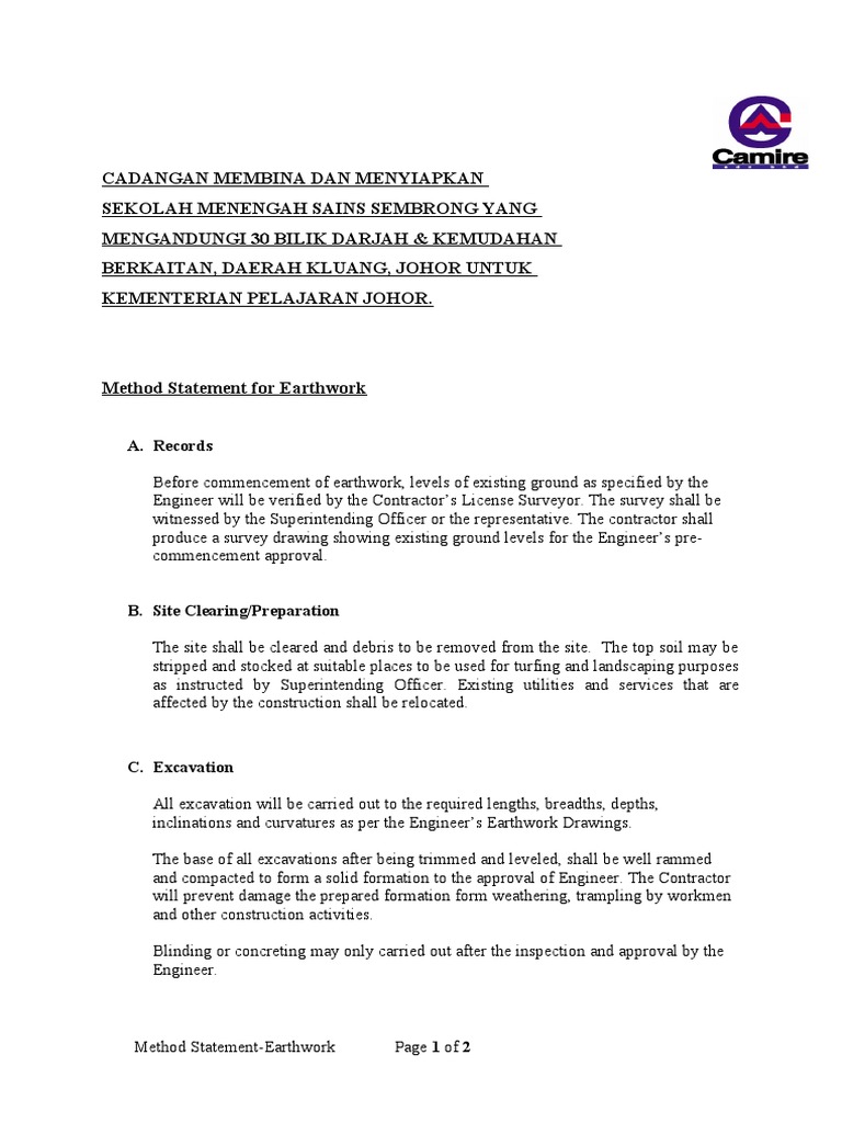 Method Statement-Earthwork | PDF | Economic Sectors | Civil Engineering