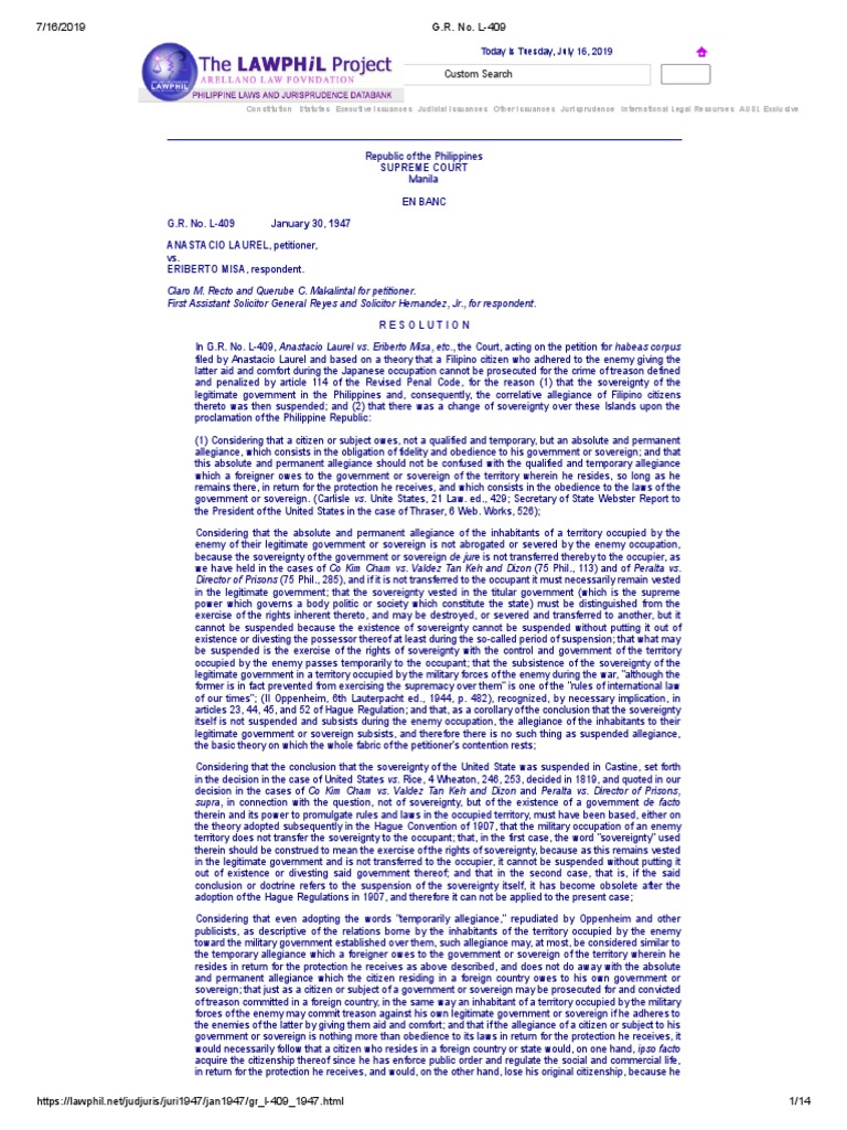 G.R. No. L-409 - ANASTACIO LAUREL, Petitioner, Vs - ERIBERTO MISA ...