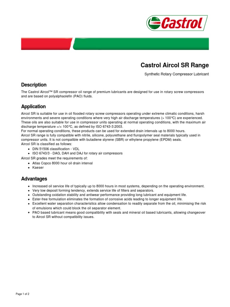 Castrol Aircol SR Range | PDF | Lubricant | Chemistry