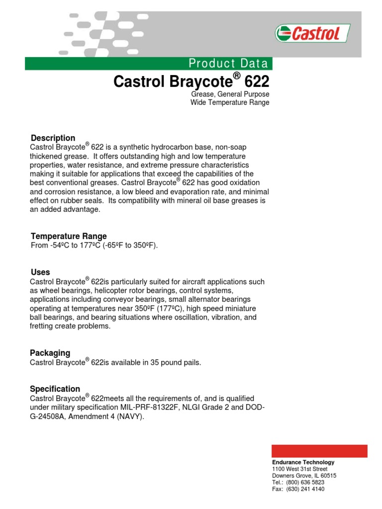 Castrol Braycote 622: Product Data | PDF | Bearing (Mechanical ...