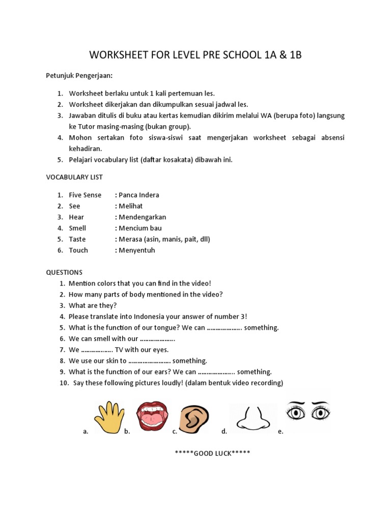 Worksheet For Level Pre School 1a | PDF
