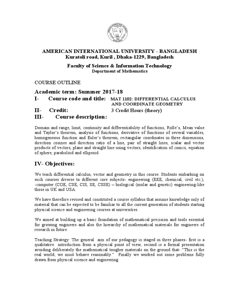 Differential Calculus Course Outline | PDF | Derivative | Function ...