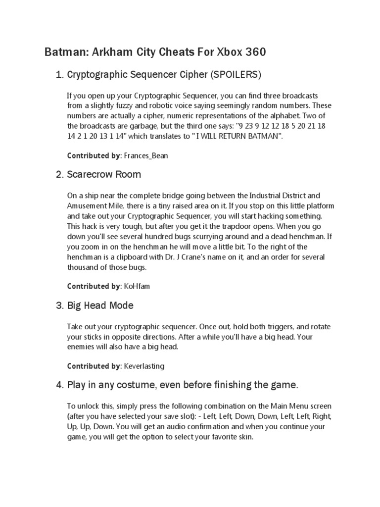 Batman: Arkham City Cheats For Xbox 360: 1. Cryptographic Sequencer ...