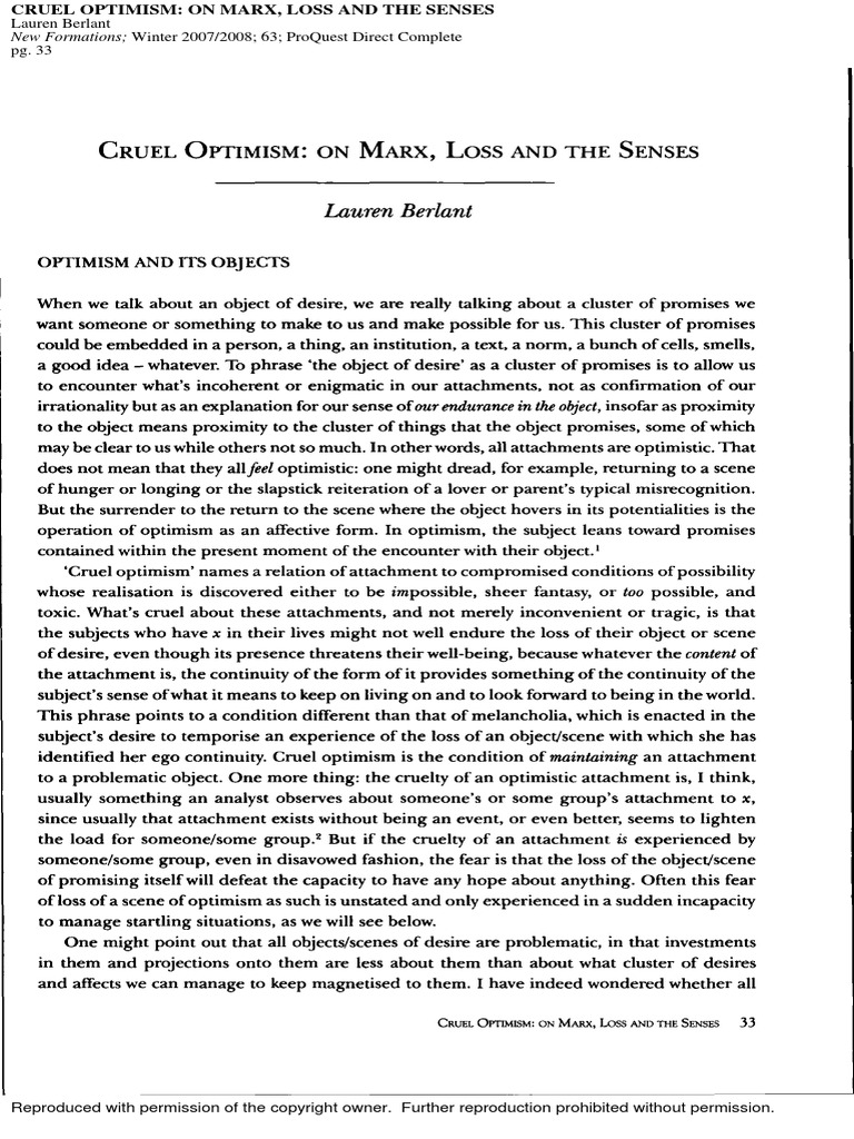 Berlant - Cruel Optimism - On Marx, Loss and The Senses | PDF