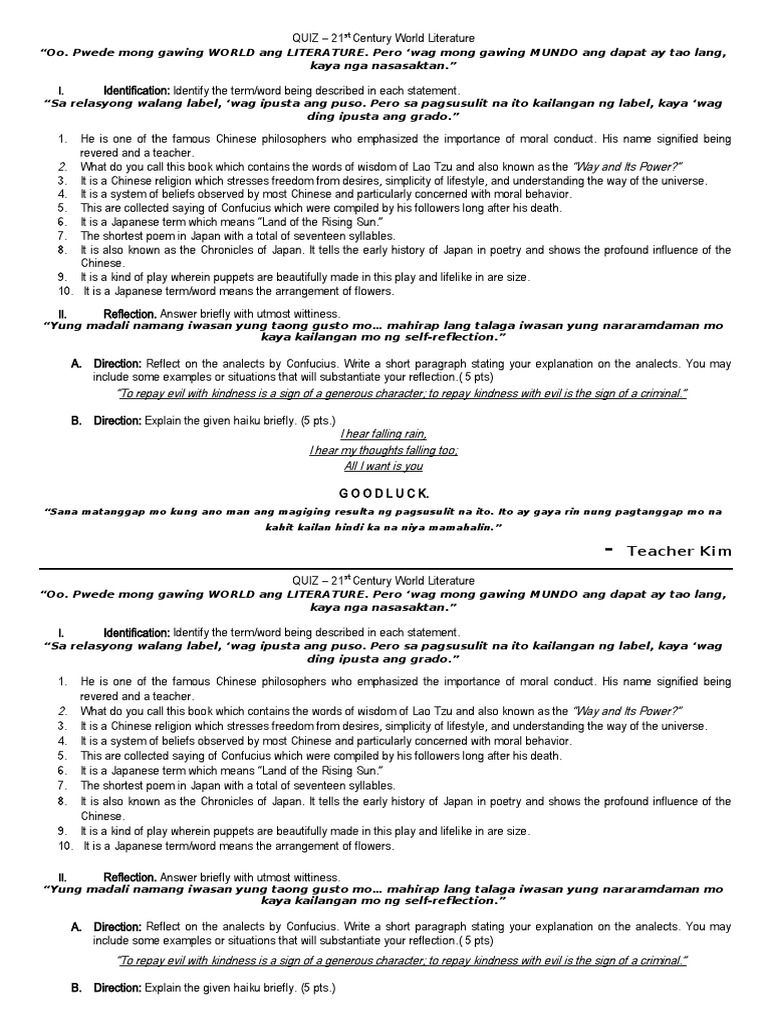 World Lit Quiz | PDF | Analects | Tao