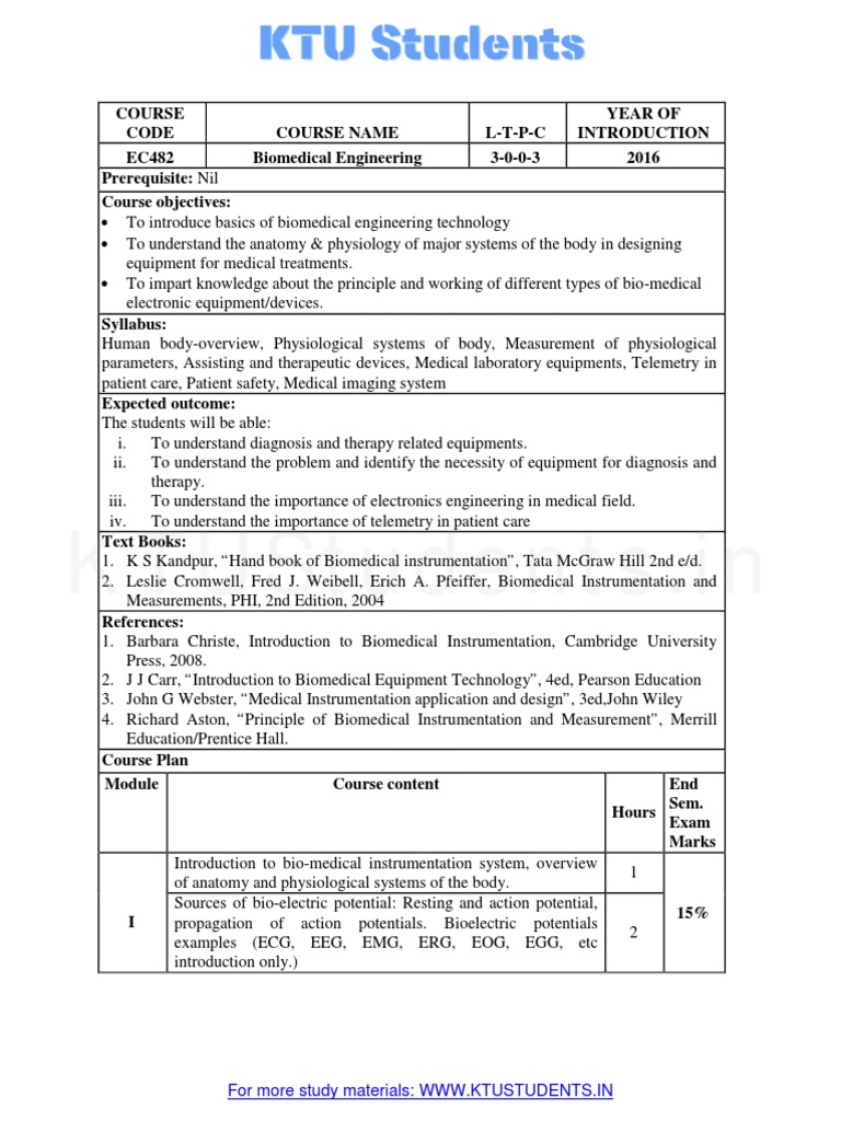 Biomedical Engineering Course Syllabus | PDF | Biomedical Engineering ...