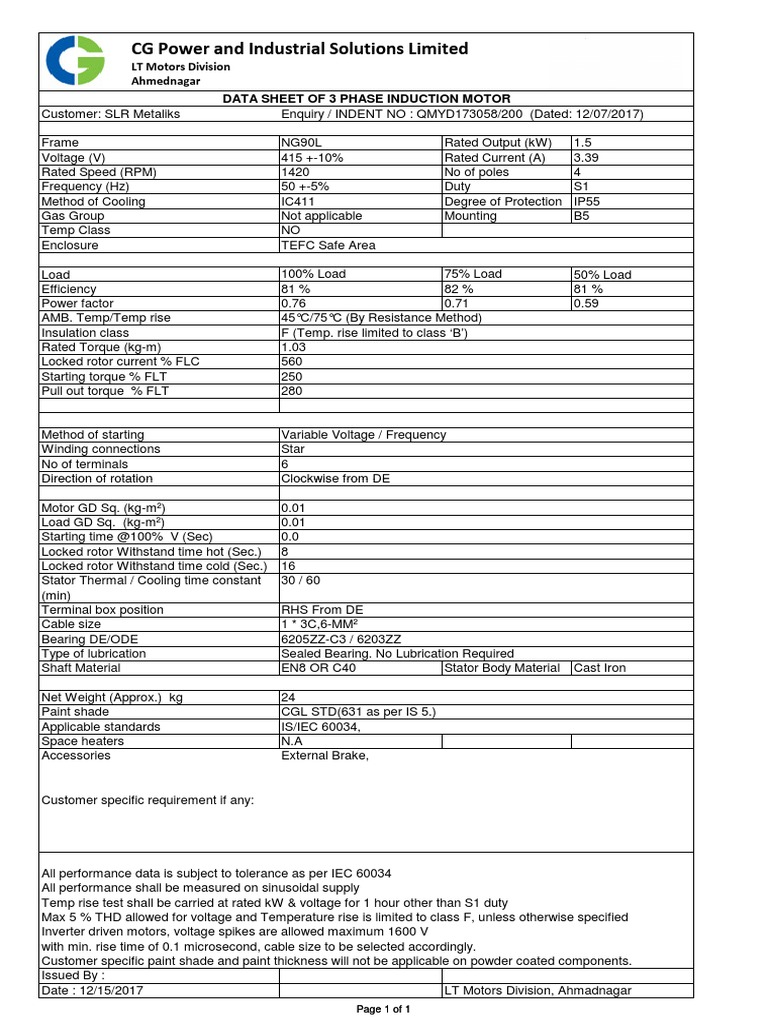 CG Power and Industrial Solutions Limited: Data Sheet of 3 Phase ...