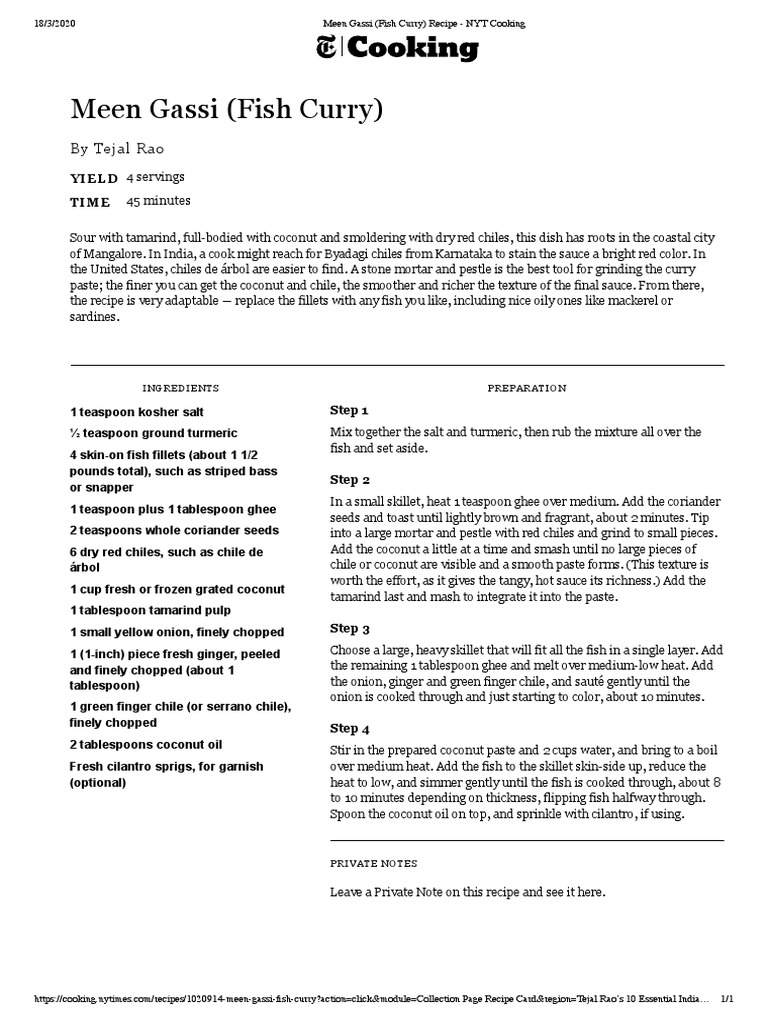 Meen Gassi (Fish Curry) Recipe - NYT Cooking | PDF | Curry | Foods