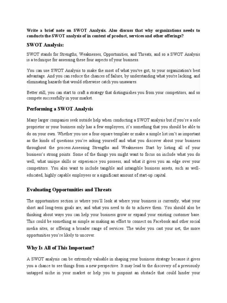 Write A Brief Note On SWOT Analysis PDF Swot Analysis Business