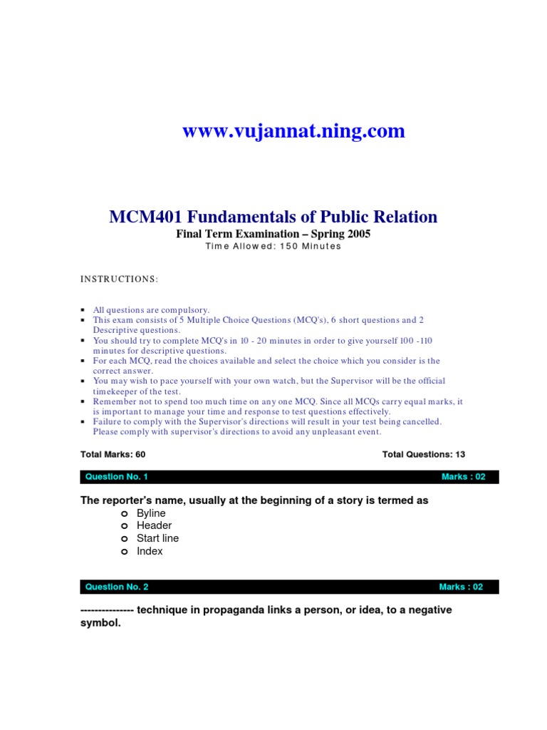 Mcm401 Collection of Old Papers | PDF | Multiple Choice | Public Relations