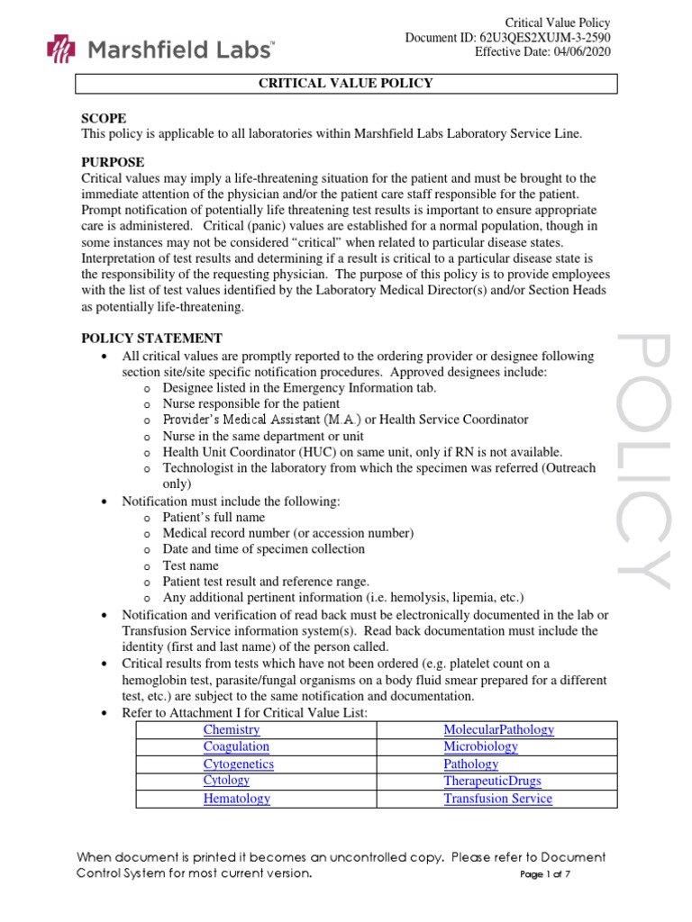 Critical Value Policy | Download Free PDF | Medical Record | Patient