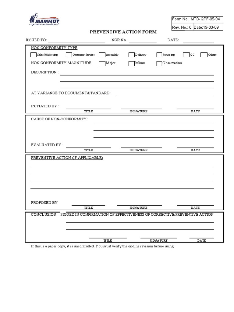 Preventive Action Form: Sales/Marketing Customer Service Assembly ...