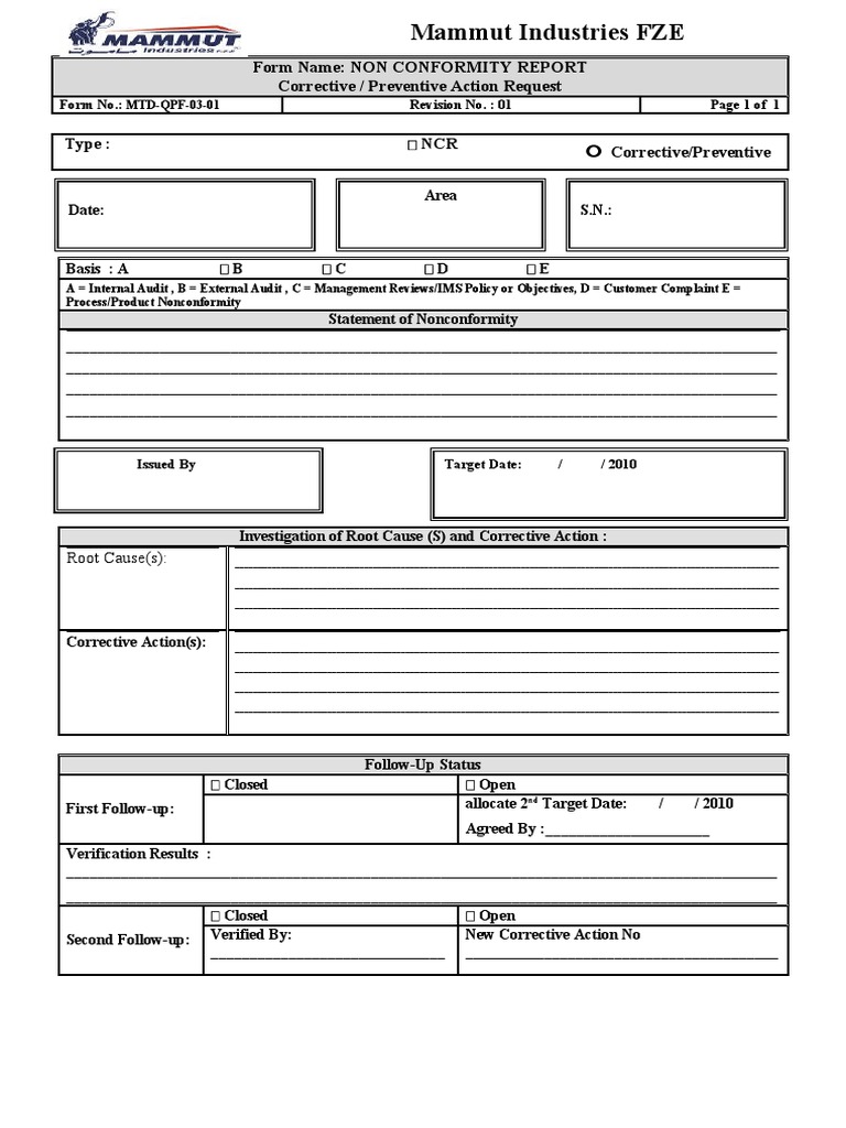 Non Conformity Report and Corrective, Preventive Action Request | PDF | Business Process ...