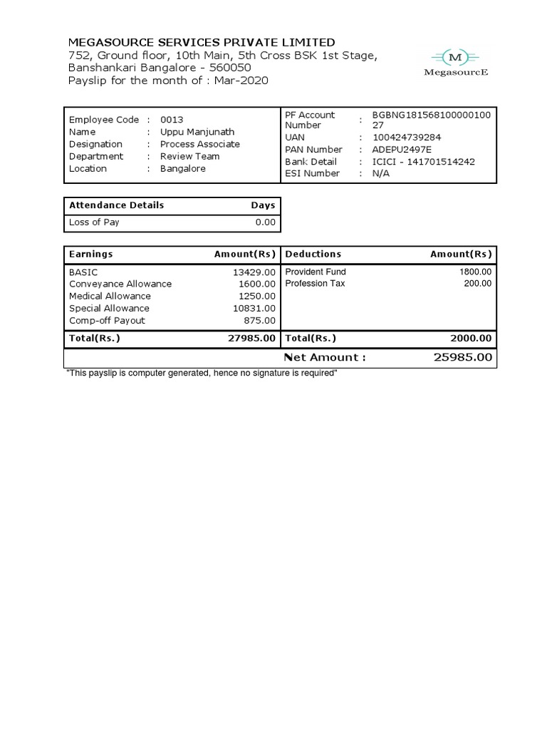 PaySlip - 0013 - Uppu Manjunath - Mar-2020 PDF | PDF