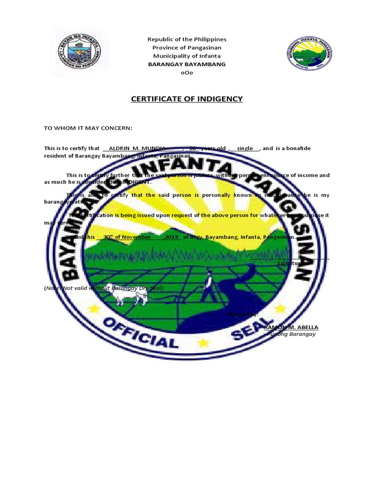 Certificate of Indigency: Republic of The Philippines Province of ...