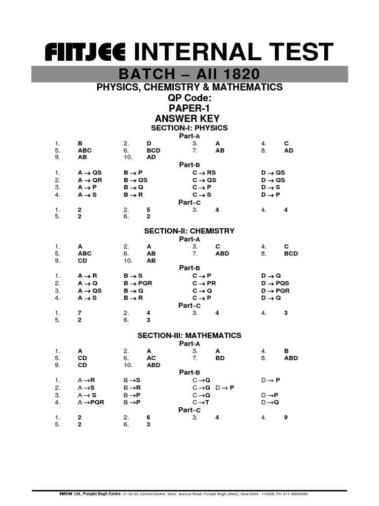 Fiitjee: Internal Test | PDF
