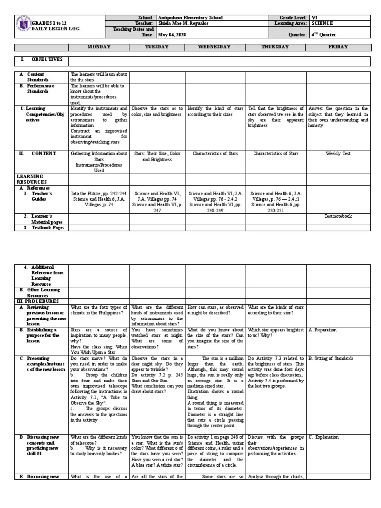 Grade-6 Science Lesson Plan (Final) | PDF | Stars | Apparent Magnitude