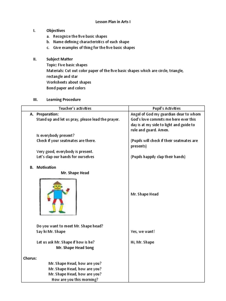 Lesson Plan in Arts I I. Objectives | PDF | Shape | Rectangle