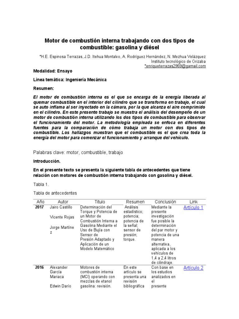 Ensayo Motores de Combustión Interna | PDF | Combustible diesel | Gasolina