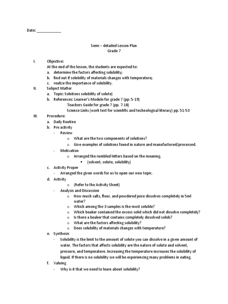 Grade 7 Lesson Plan on Solubility | PDF | Solubility | Solution