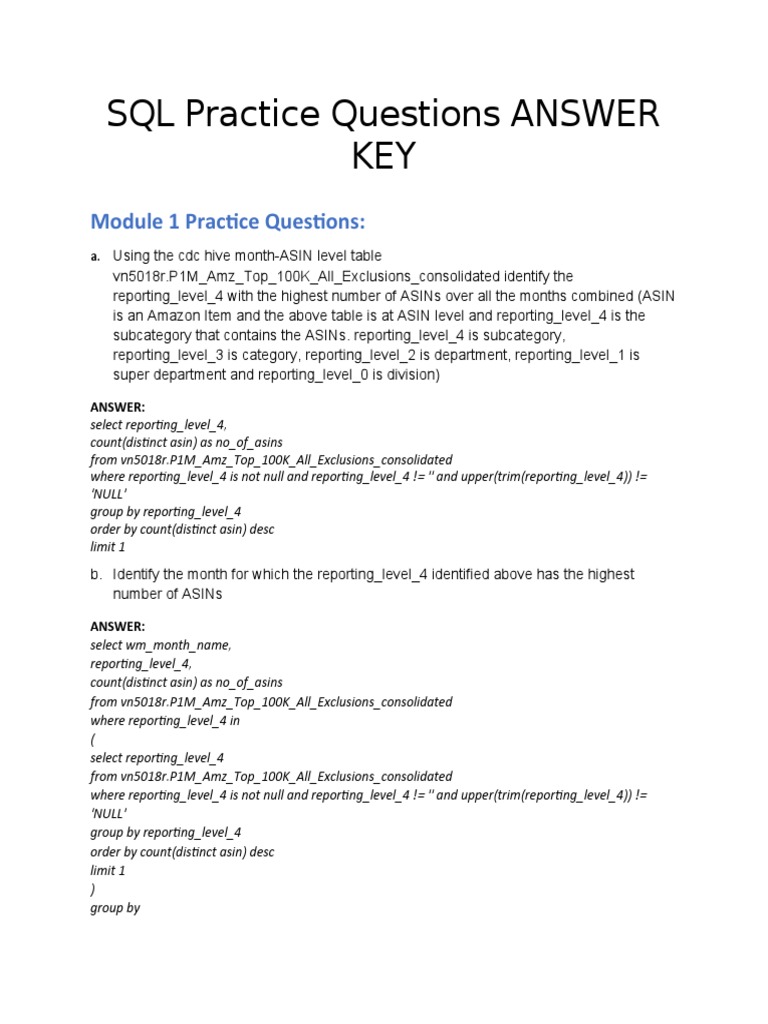 SQL Practice Questions ANSWER KEY | Download Free PDF | Databases ...