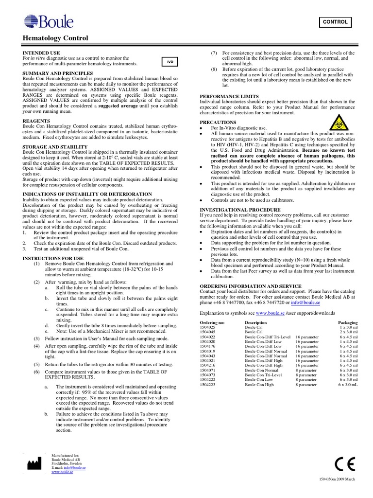 Hematology Control: Manufactured For: Boule Medical AB Stockholm ...