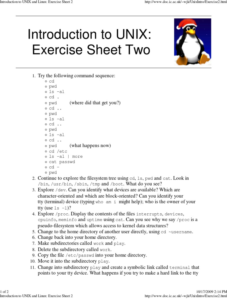 Introduction To Unix And Linux Lecture Two Exercise Pdf Computer File Directory Computing 2135
