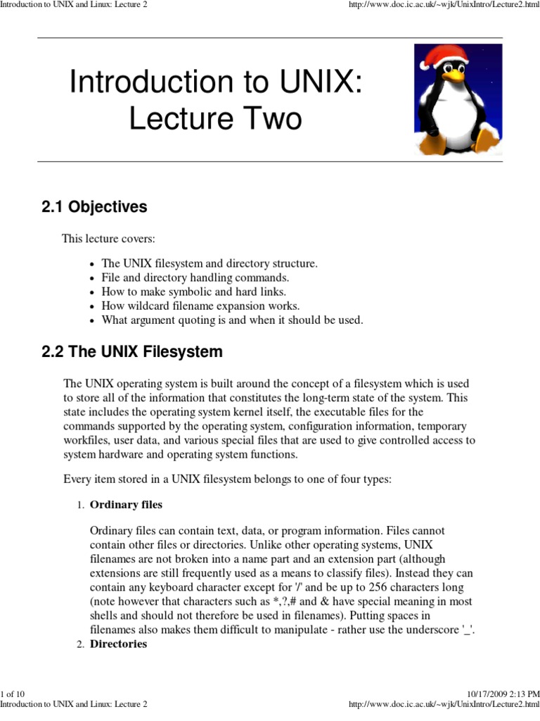 Introduction To Unix And Linux Lecture Two Pdf Directory Computing File System 