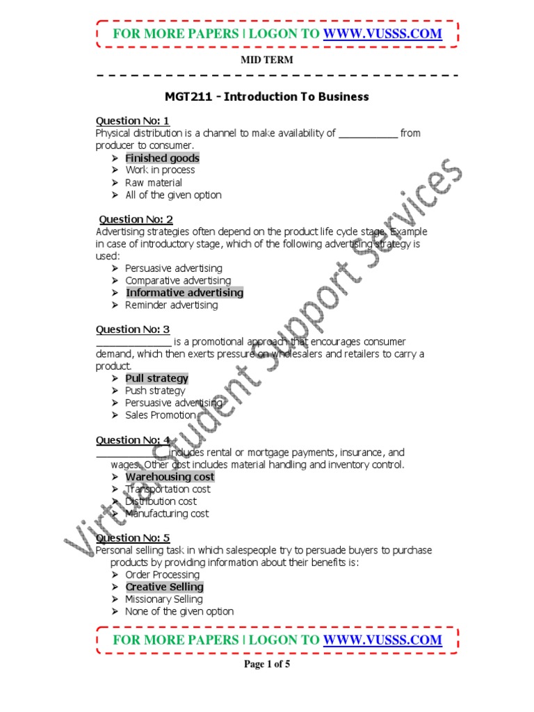 MGT211 - Introduction To Business - Solved - MID Term Paper - 02 | PDF ...