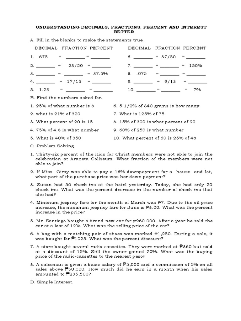 UNDERSTANDING DECIMALS, Fractions and Percents | PDF | Interest ...