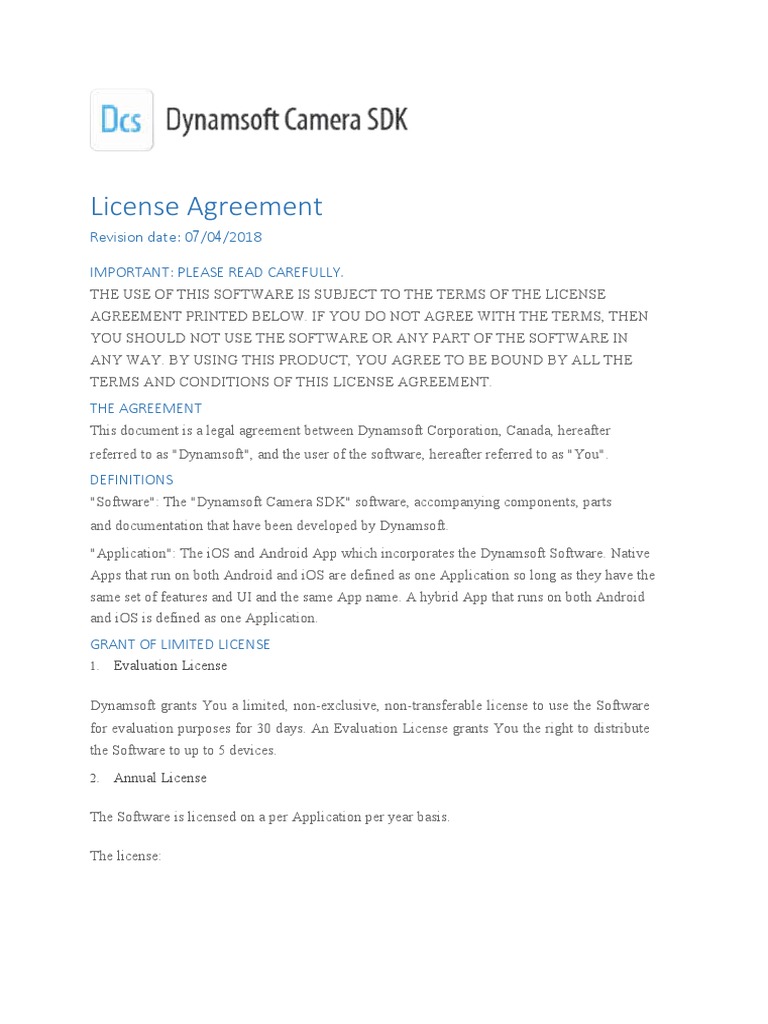 Dynamsoft SDK License Agreement | PDF | Mobile App | Ios