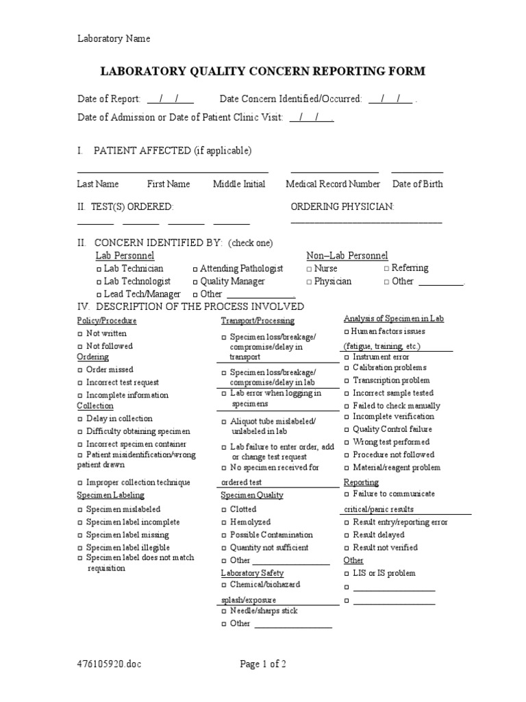 Laboratory Quality Concern Reporting Form | PDF | Patient | Laboratories