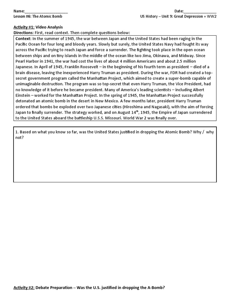 Lesson #6: The Atomic Bomb: Name: - Date: - US History - Unit 9: Great ...