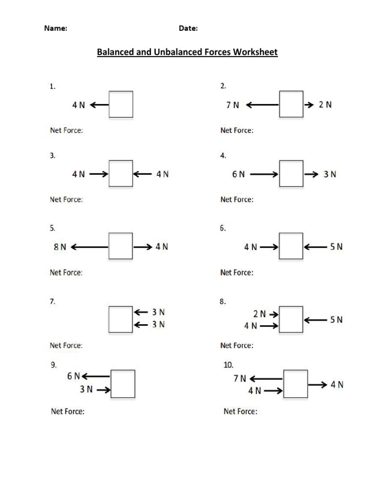 Balanced and Unbalanced Forces Worksheet | PDF