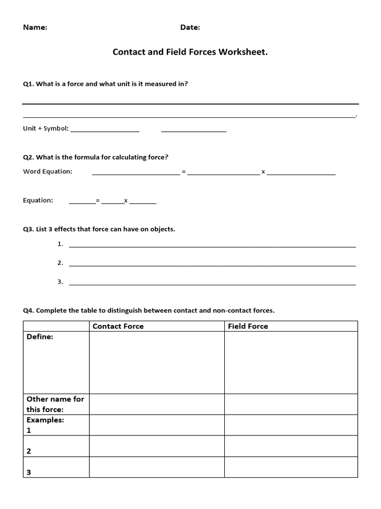 Contact and Field Forces Worksheet | PDF | Teaching Methods & Materials