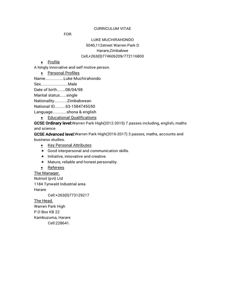 Luke Muchirahondo's CV Format | PDF