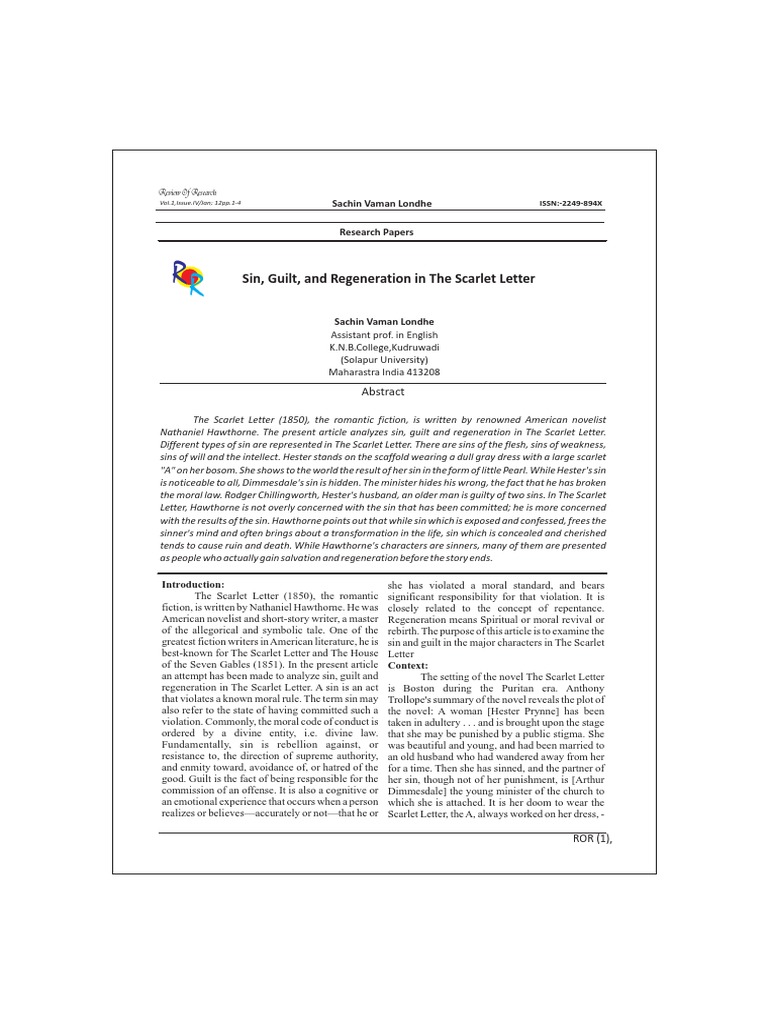 Sin Guilt and Regeneration in The Scarlet Letter | PDF | The Scarlet ...