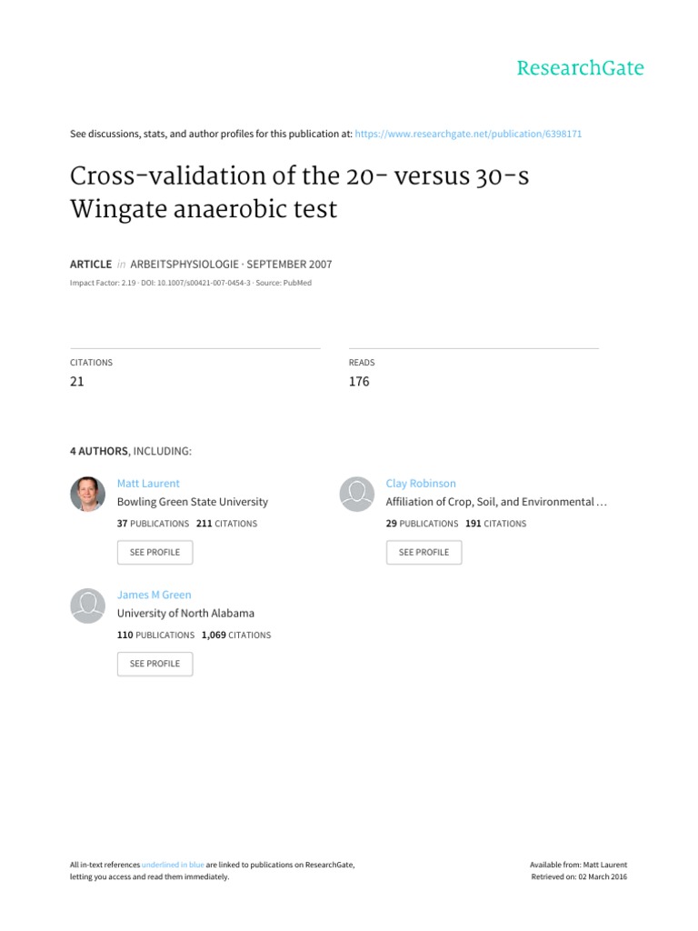 Cross-Validation of The 20-Versus 30-s Wingate Anaerobic Test | PDF ...