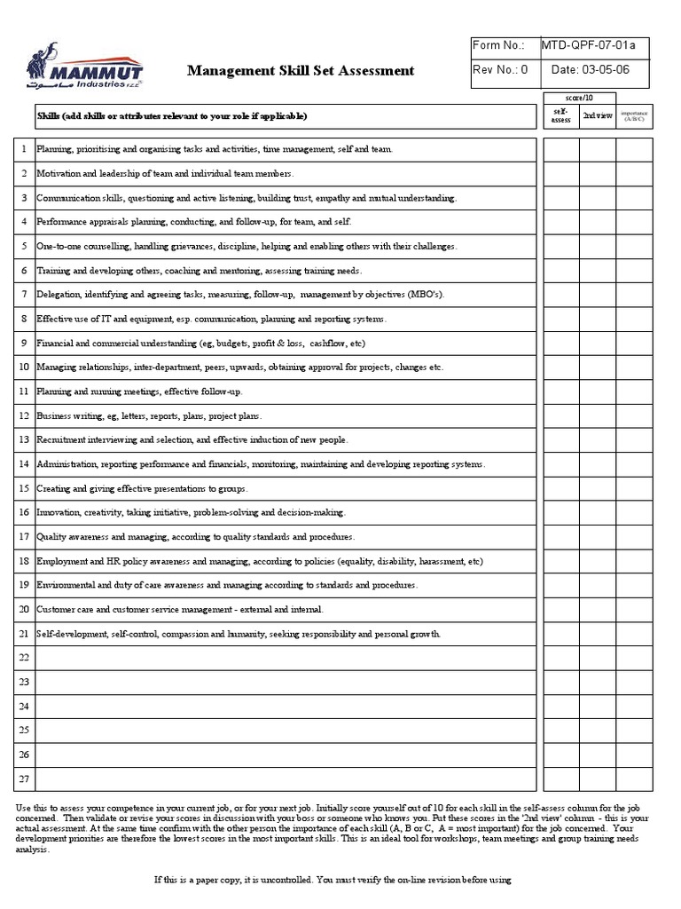 MTD-QPF-07-01a Management Skill Set Assessment | PDF | Competence ...