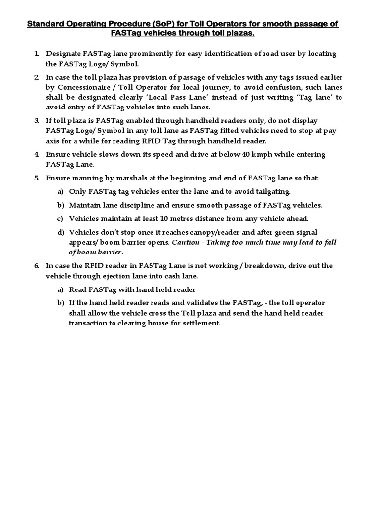 Standard Procedure For Toll Operators For ETC Lane | PDF