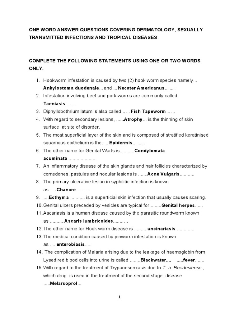 One Word Answer Questions Covering Dermatology | PDF | Skin | Epidemiology