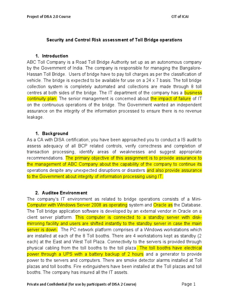 Project Security and Control Risk Assessment of Toll Bridge Operations ...