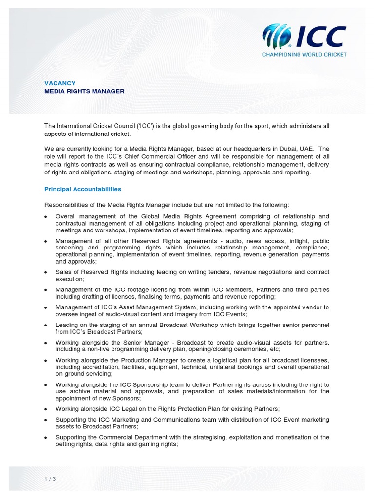 ICC Job Advert Media Rights Manager | PDF | Marketing | Business