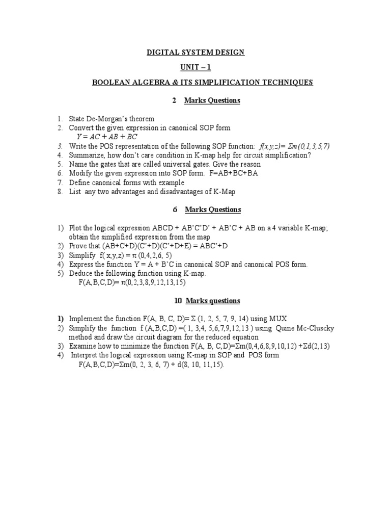 Digital System Design Unit - 1 Boolean Algebra & Its Simplification Techniques 2 Marks Questions ...